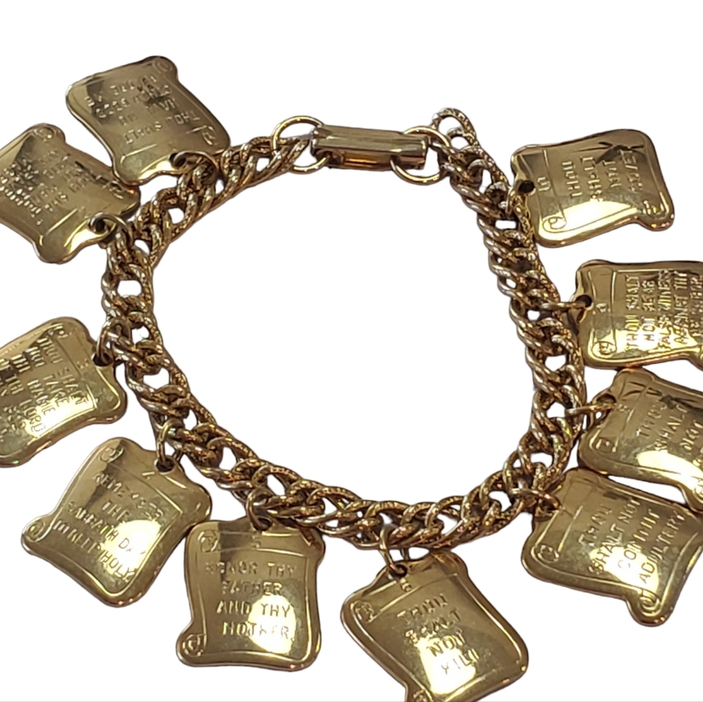 The Ten Commandments Gold Dangle Charm Bracelet - Gem